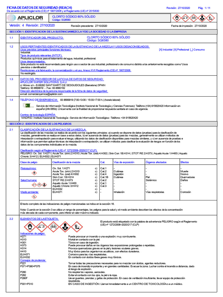 FS Clorito Sodico 80 Solido SQ6580 Es | PDF | Toxicología | Corrosión