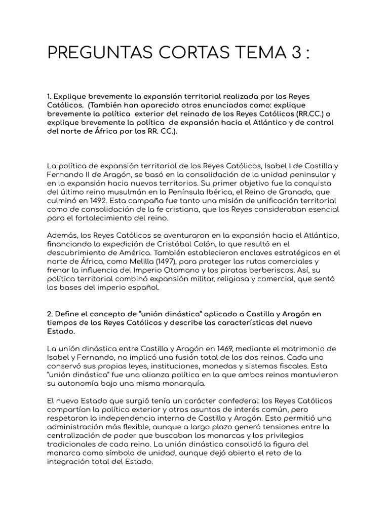 Preguntas Cortas Tema 3 | PDF | Imperio español | España