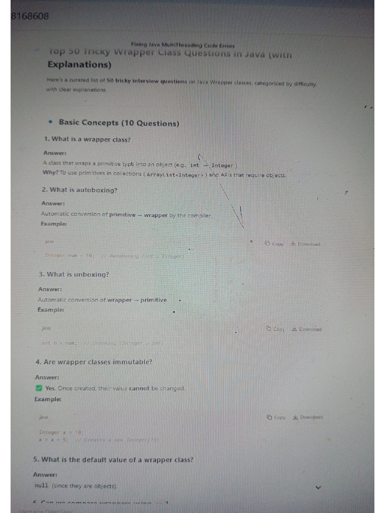 Wrapper Class Interview Questions | PDF