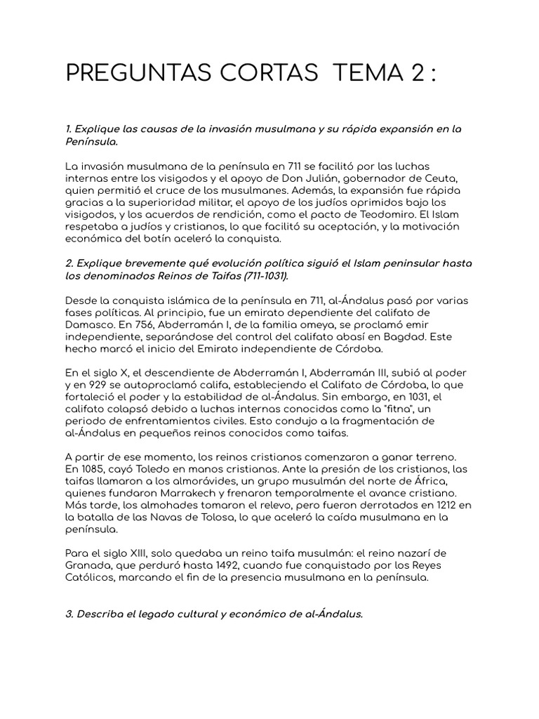 PREGUNTAS CORTAS TEMA 2 _ | PDF | Al Andalus | Califato