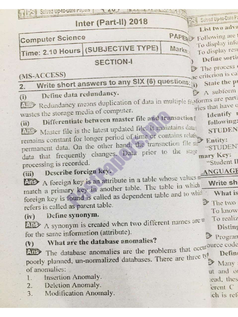 2nd Year Computer Past Paper 2018 Subjective | PDF