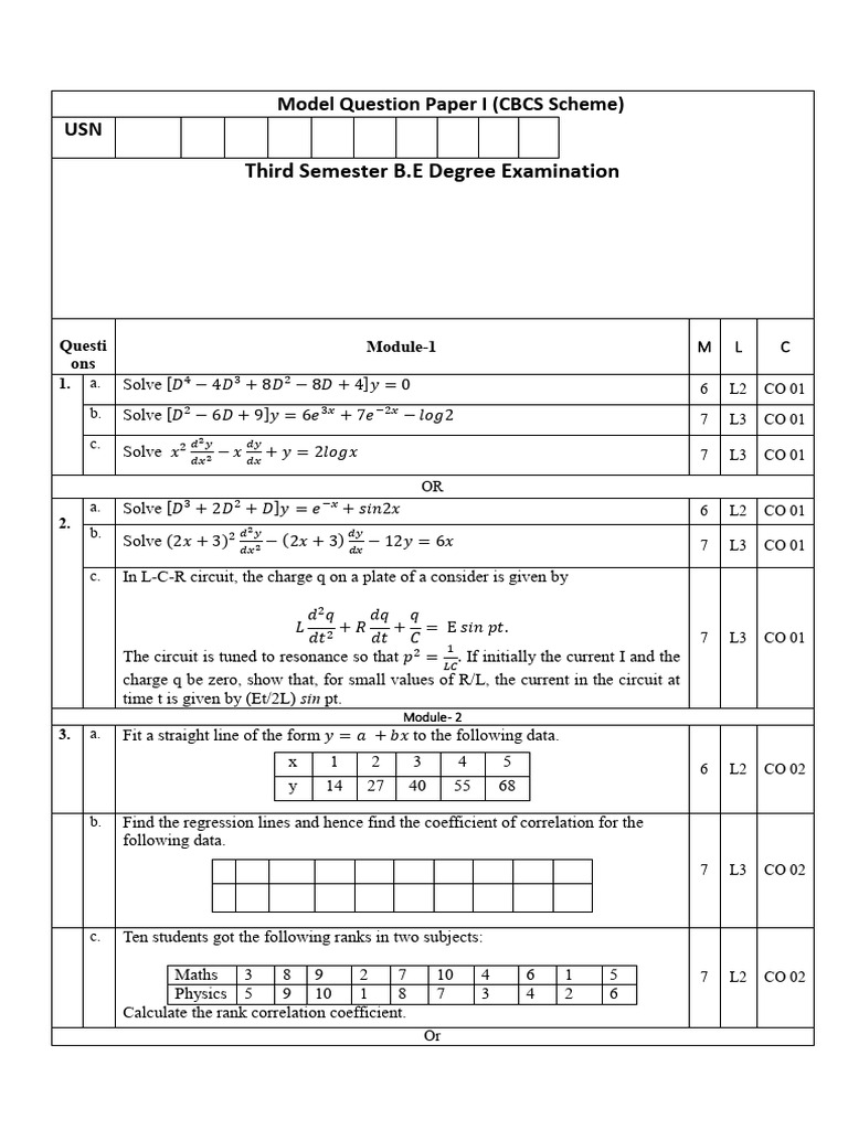 Mathematics Model Question Paper 1 BMATE301 For Ele & Eln | PDF ...