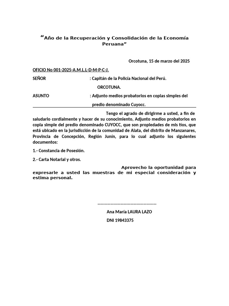 Oficio de Ana Maria Laura Lazo | PDF