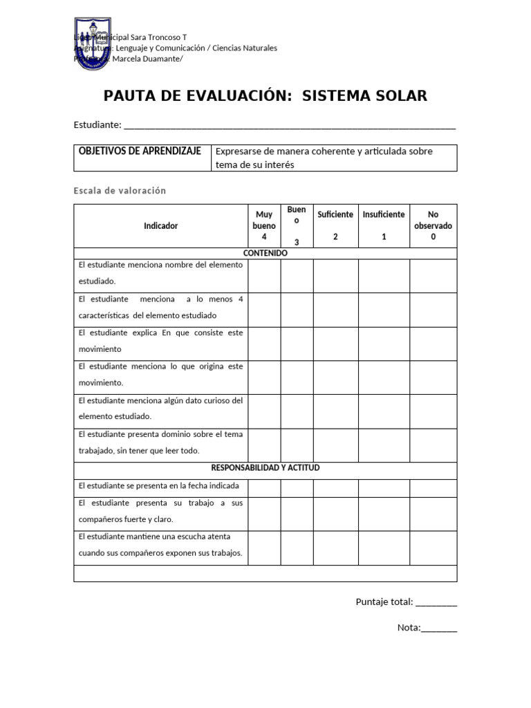 rubrica disertacion sistema solar | PDF