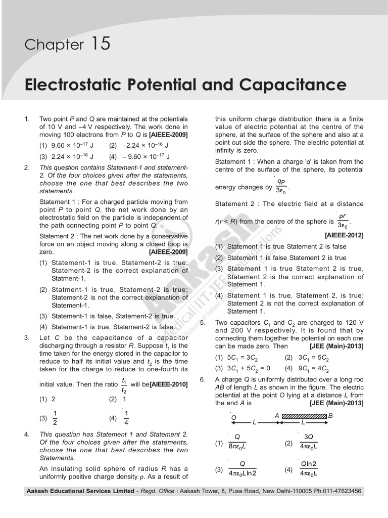 P - Ch-15 - Electrostatic Potential and Capacitance | PDF | Capacitor | Capacitance