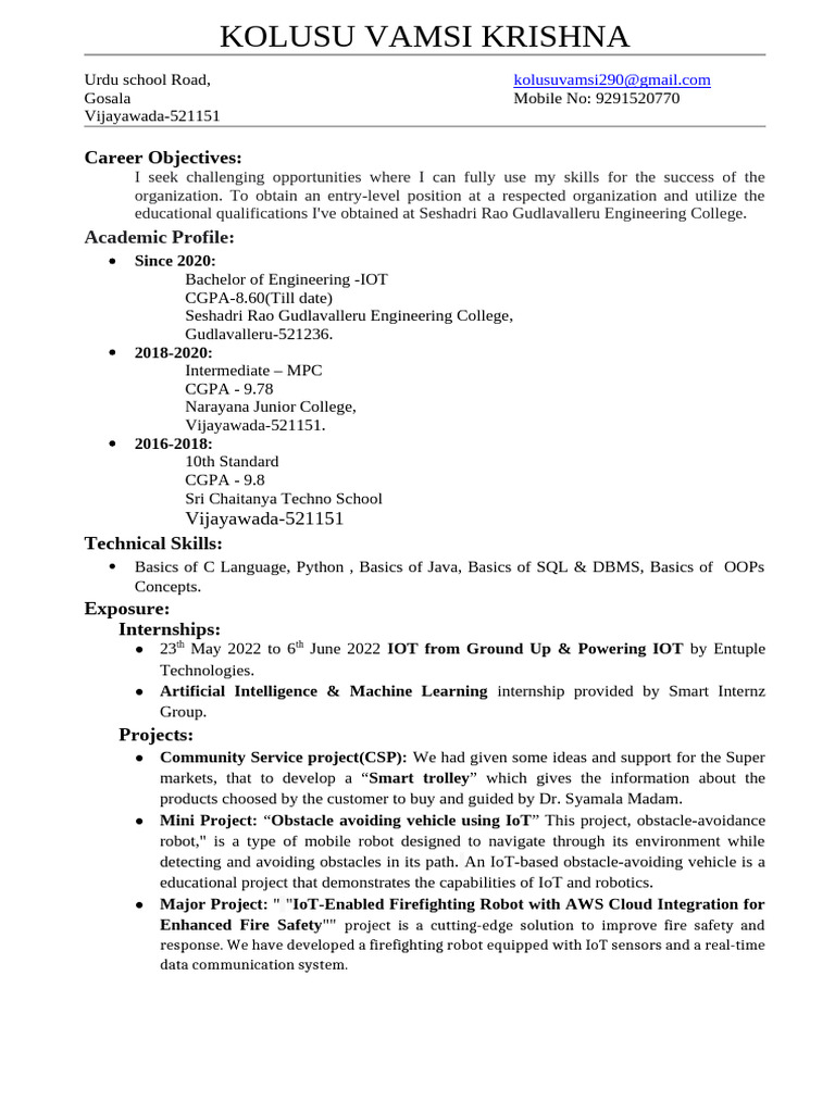 20481a6026 Kolusu Vamsi Krishna | PDF | Internet Of Things | Robot