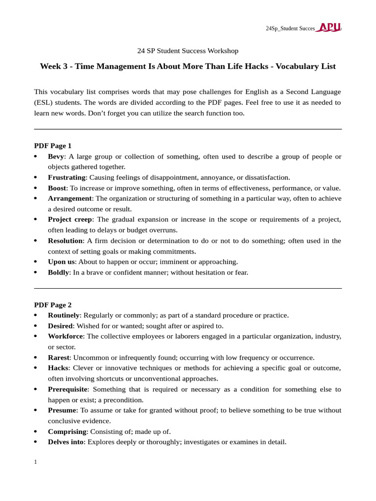 Week 3 - Time Management Is About More Than Life Hacks - Vocabulary ...