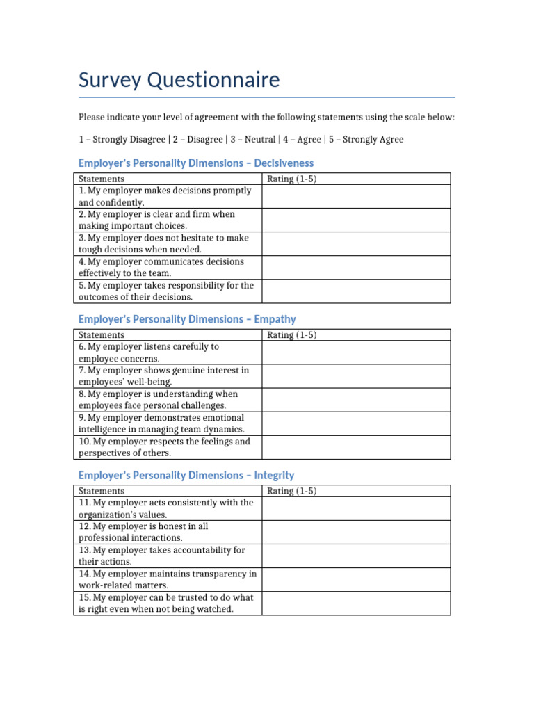 Survey Questionnaire Employer Personality and Work Performance | PDF ...