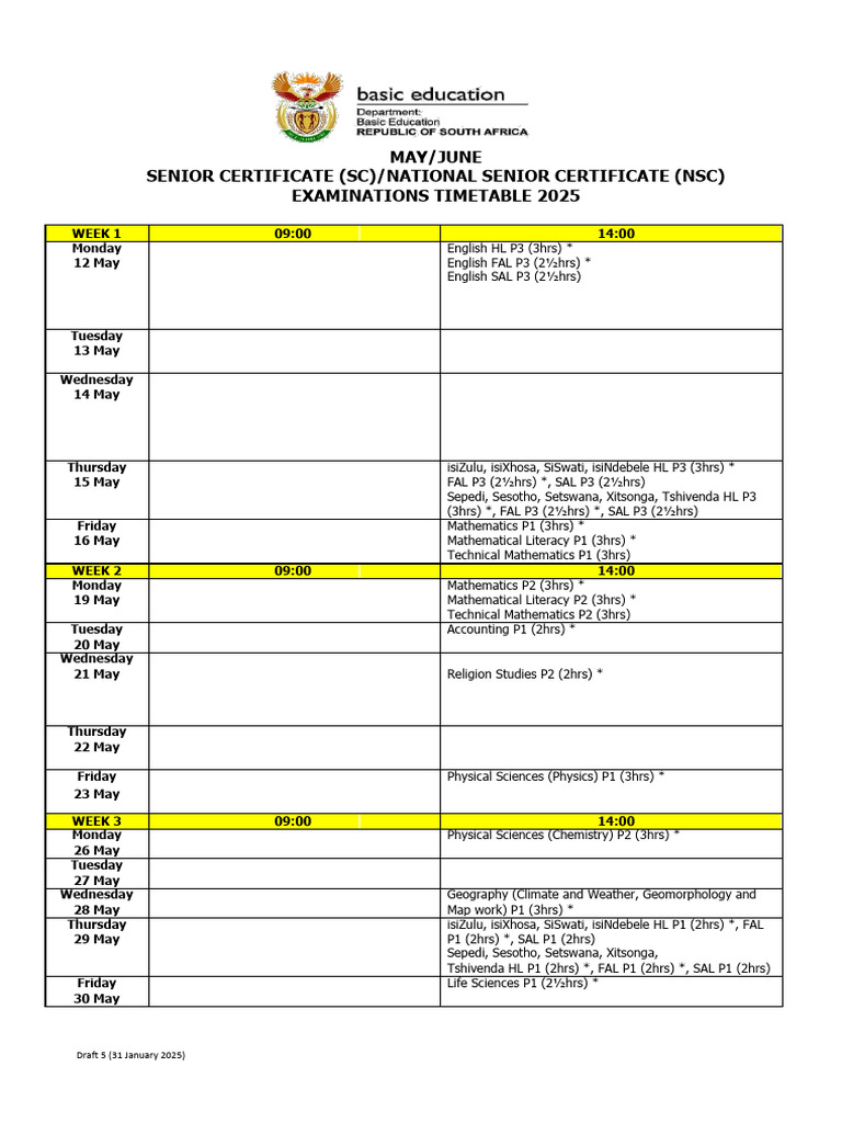 2025 May June Exam Timetable Pdf Languages Of Africa