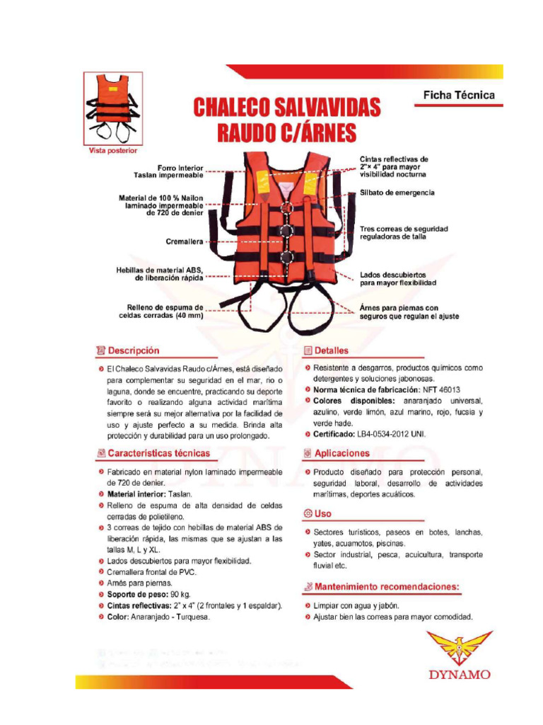 Ficha Tecnica Chaleco Salvavidas Raudo C-Arnes | PDF