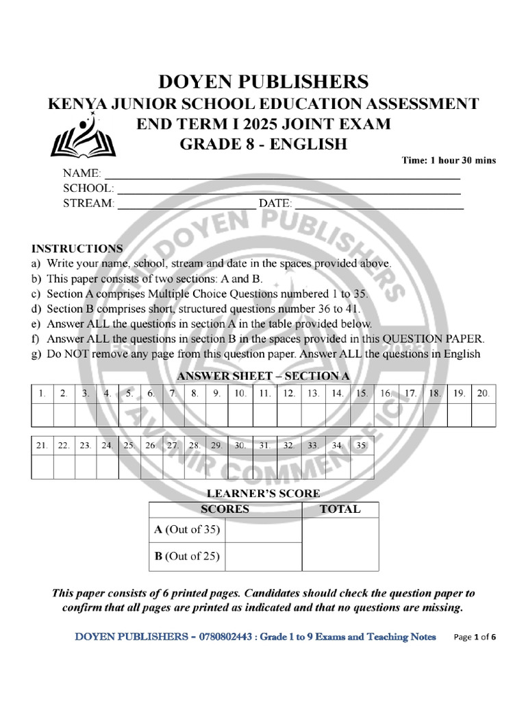 GRADE 8 ENGLISH END TERM 1 2025 EXAM - Unlocked | PDF