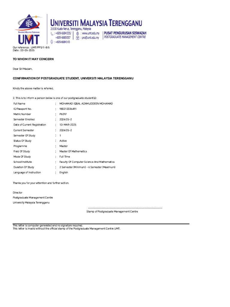 Confirmation of UMT Postgraduate Student | PDF