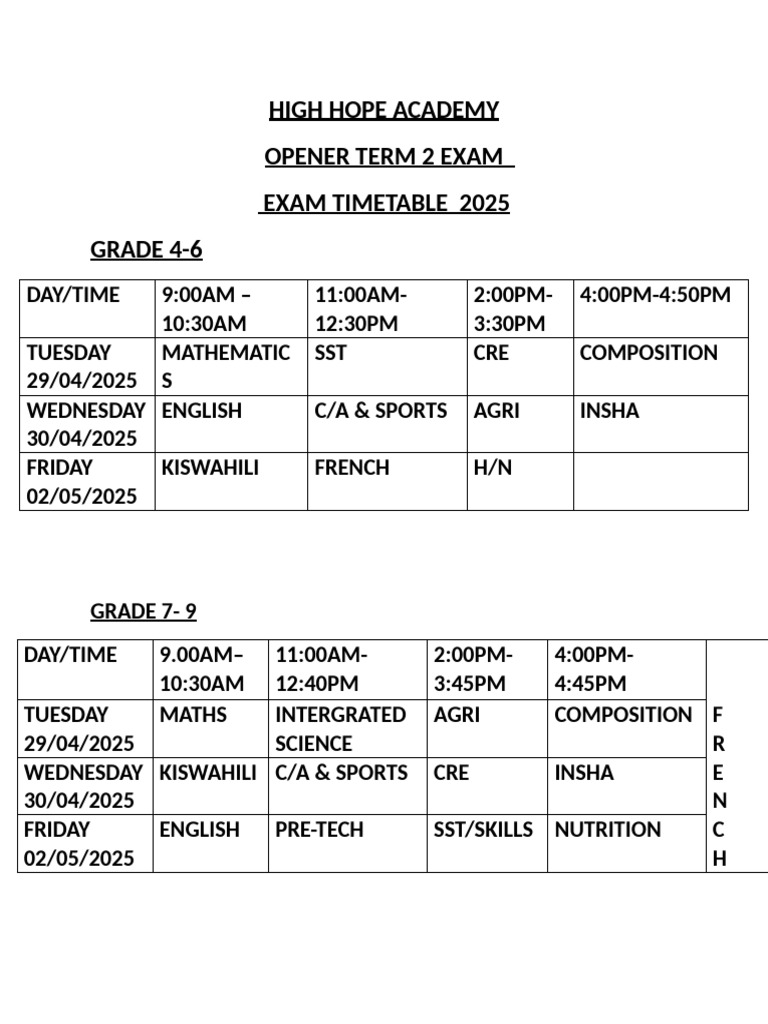 Upper Primary Exam 2025 Timetable | PDF