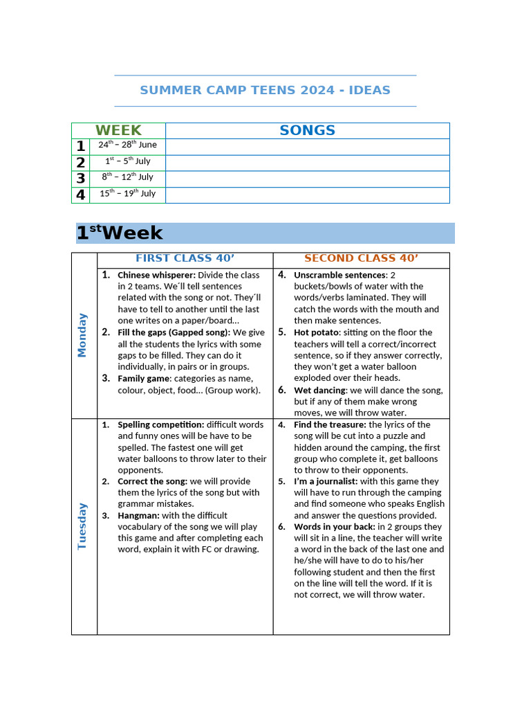 Lesson Plan - Summercamp Teens | PDF | Verb | Adjective