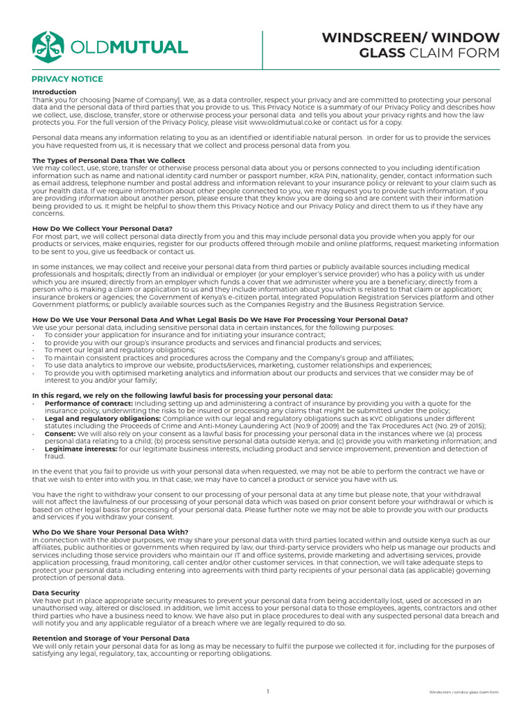 Windscreen - Window Glass CLAIM FORM | PDF | Insurance | Privacy