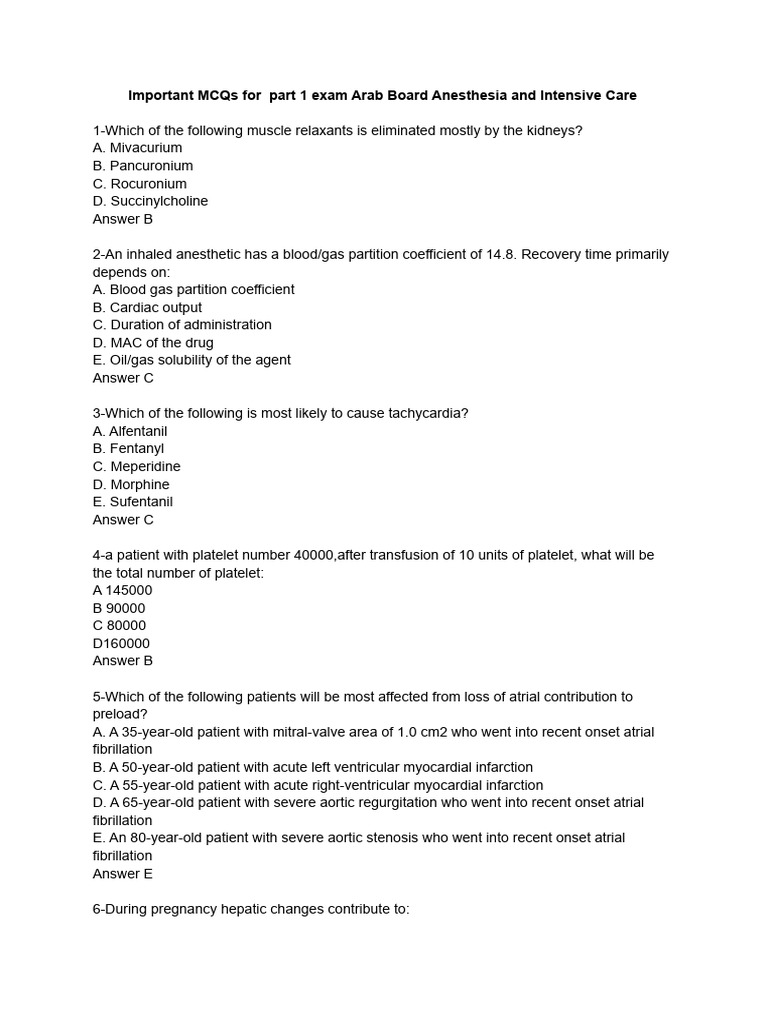Important MCQs For The First Part Exam Arab Board Anesthesia and | PDF | Anesthesia | Breathing