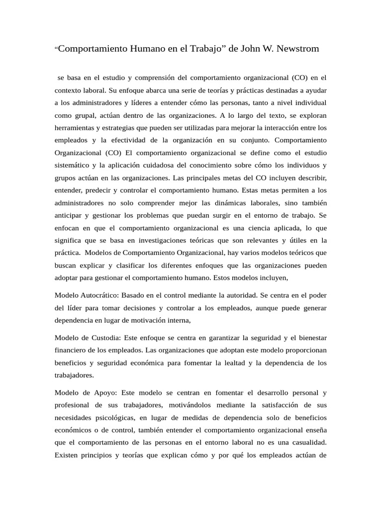 Comportamiento Humano en el Trabajo | PDF | Comportamiento ...