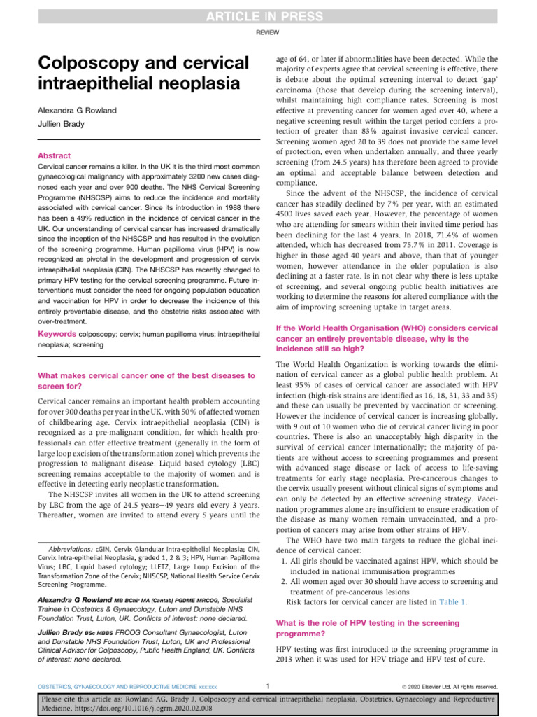 Colposcopy and Cervical Intraepithelial Neoplasia | PDF | Cervical Cancer | Gynaecologic Disorders