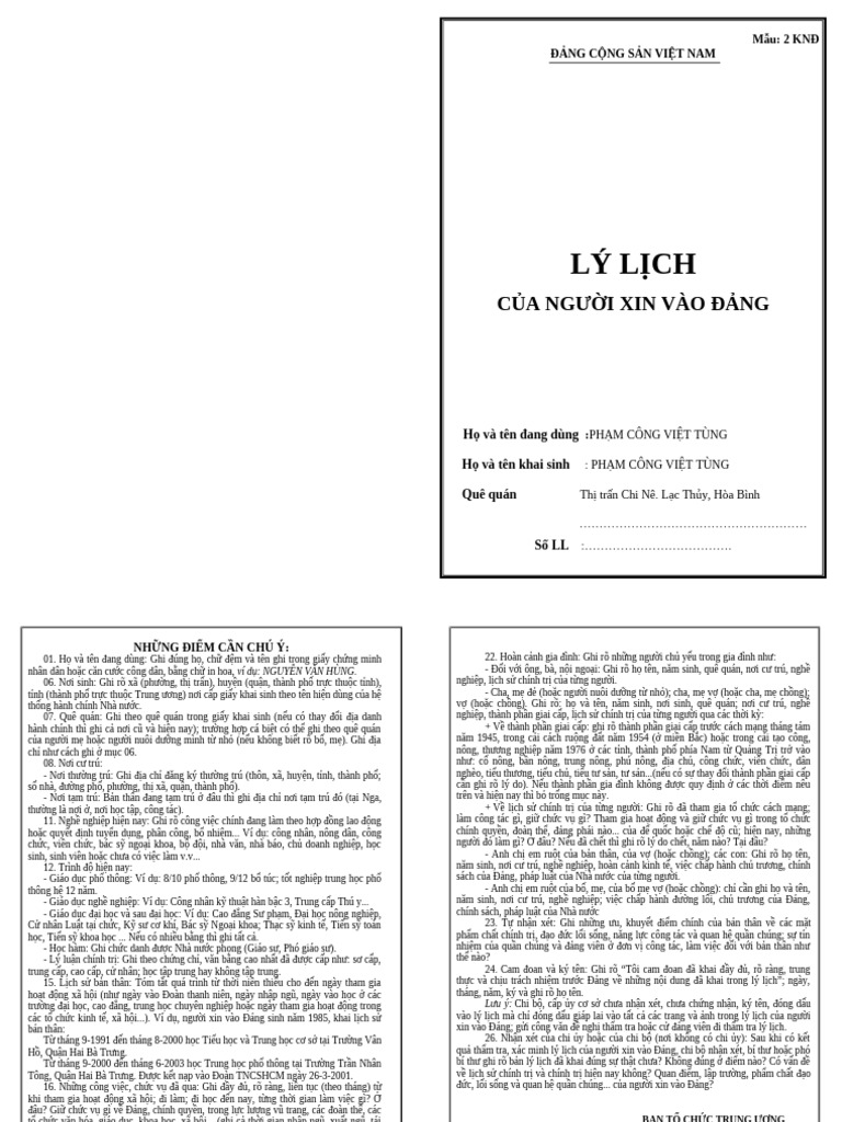 Ly Lich Nguoi Xin Vao Dang | PDF