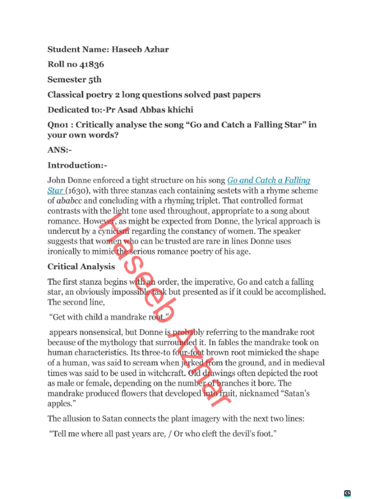 Classical Poetry 2 Long Questions | PDF