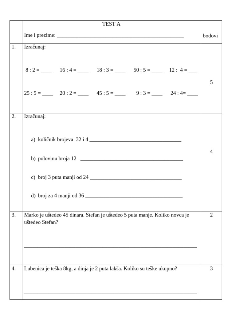Test Deljenje Do 5 A | PDF
