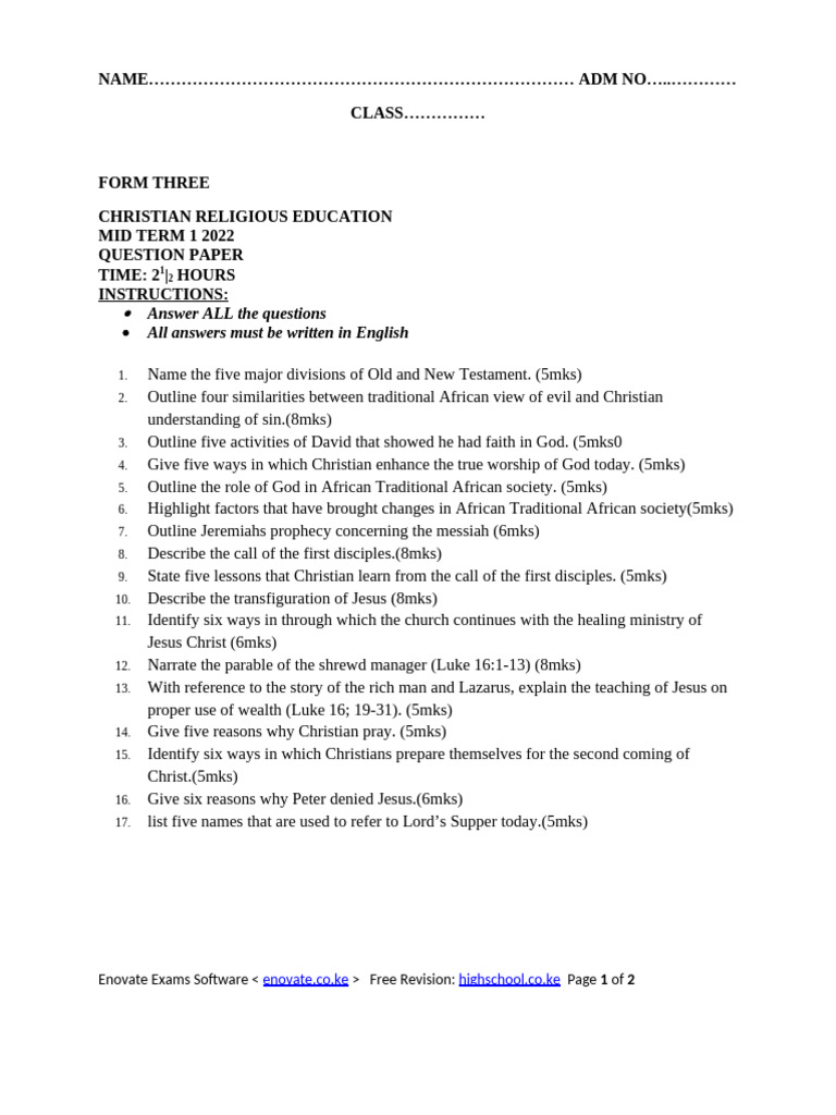 CRE Form 3 Holiday Assignment Questions | PDF