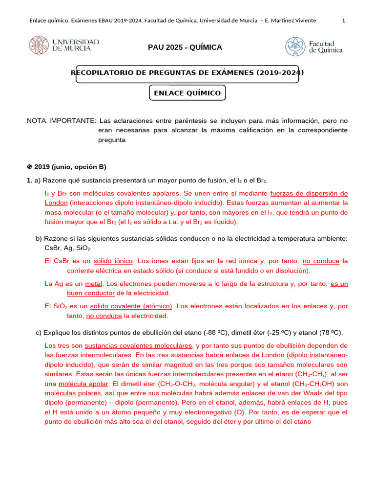 PAU 2025 ENLACE QUÍMICO Exámenes Resueltos | PDF | Polaridad química | Enlace químico