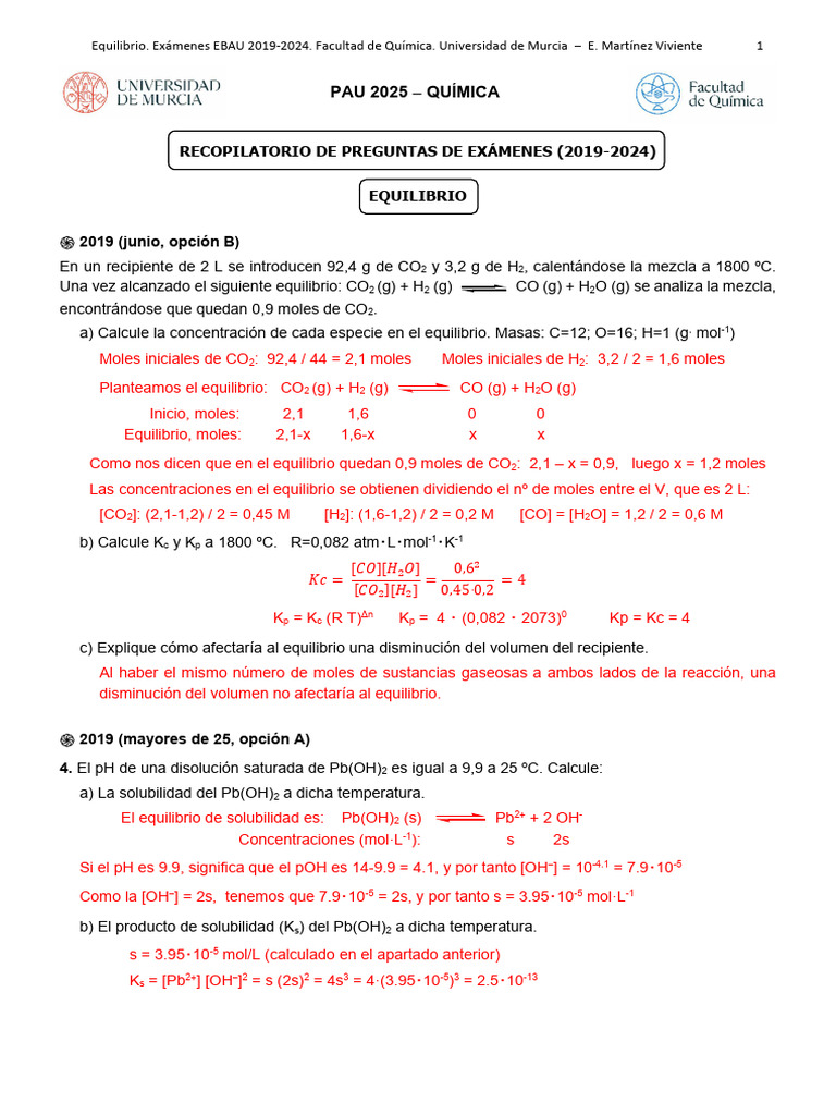 PAU 2025 EQUILIBRIO, Exámenes Resueltos | PDF | Equilibrio químico | Solubilidad