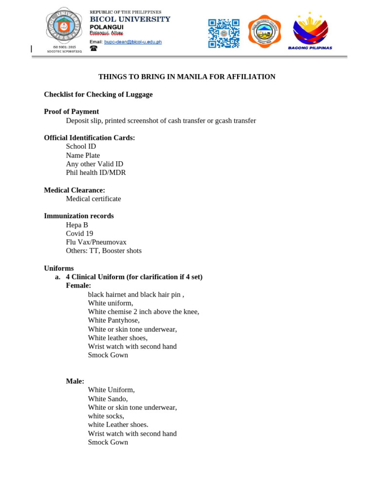 What To Bring Manila Affiliation | PDF | Clothing | Fashion