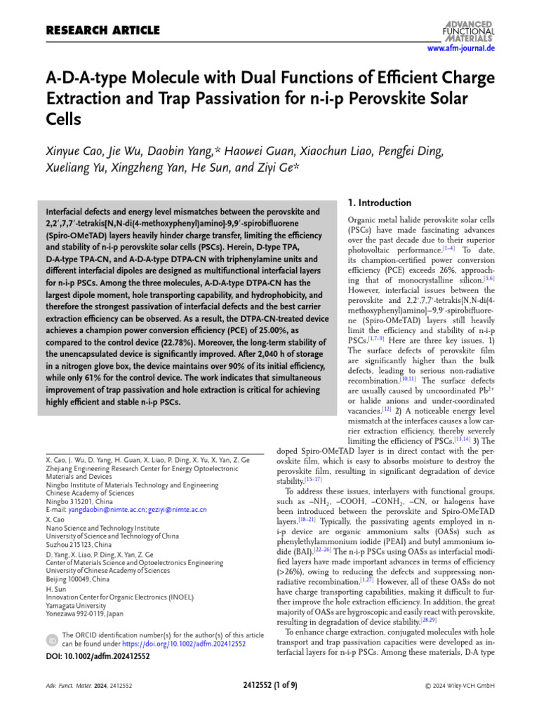 Adv Funct Materials - 2024 - Cao - A D A Type Molecule With Dual ...