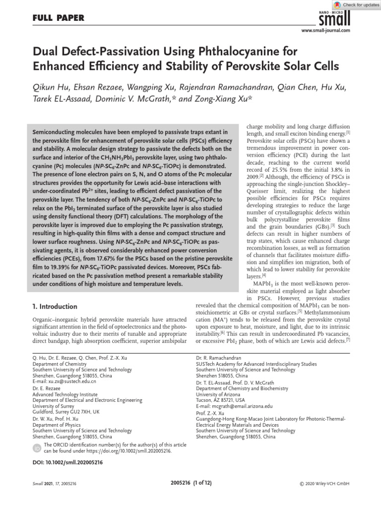 Dual Defect-Passivation Using Phthalocyanine | PDF | Thin Film | Materials