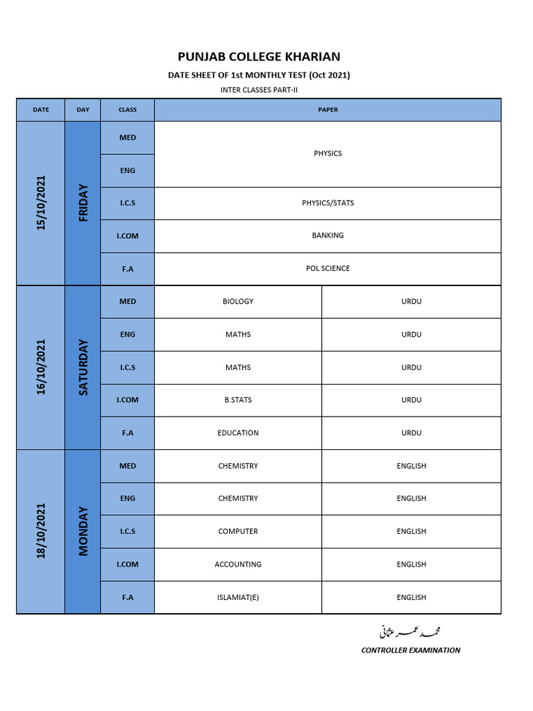 1st MONTHLY TEST Date Sheet 2ND YEAR | PDF