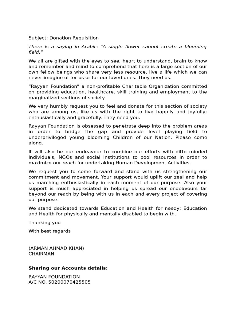 Donation Letter - Rayyan Foundation | PDF