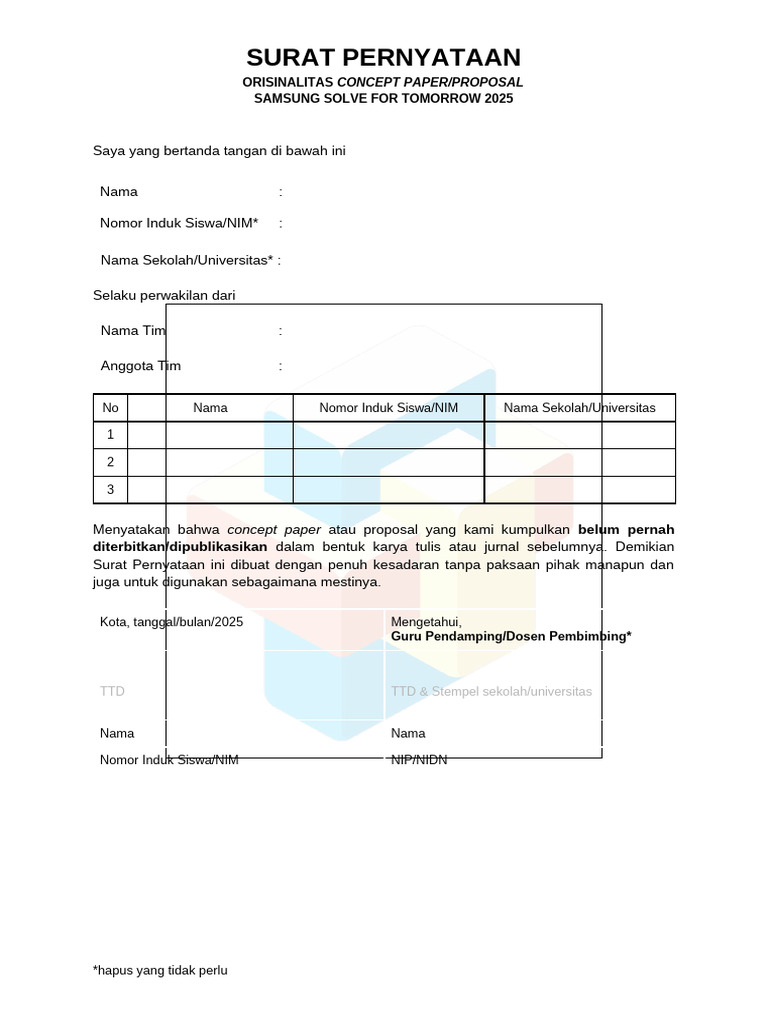 Template_SFT_SURAT_PERNYATAAN_ORISINALITAS_NAMA_PENDAFTAR_NAMA_TIM | PDF