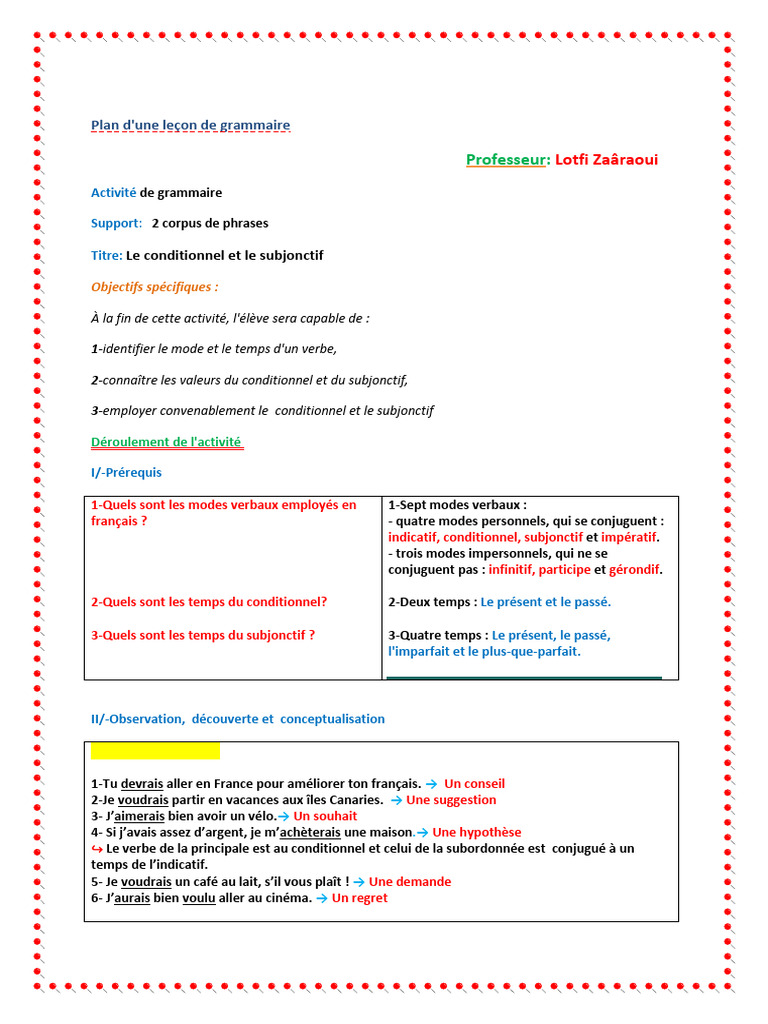 Conditionnel et Subjonctif en Grammaire | PDF | Temps (grammaire ...