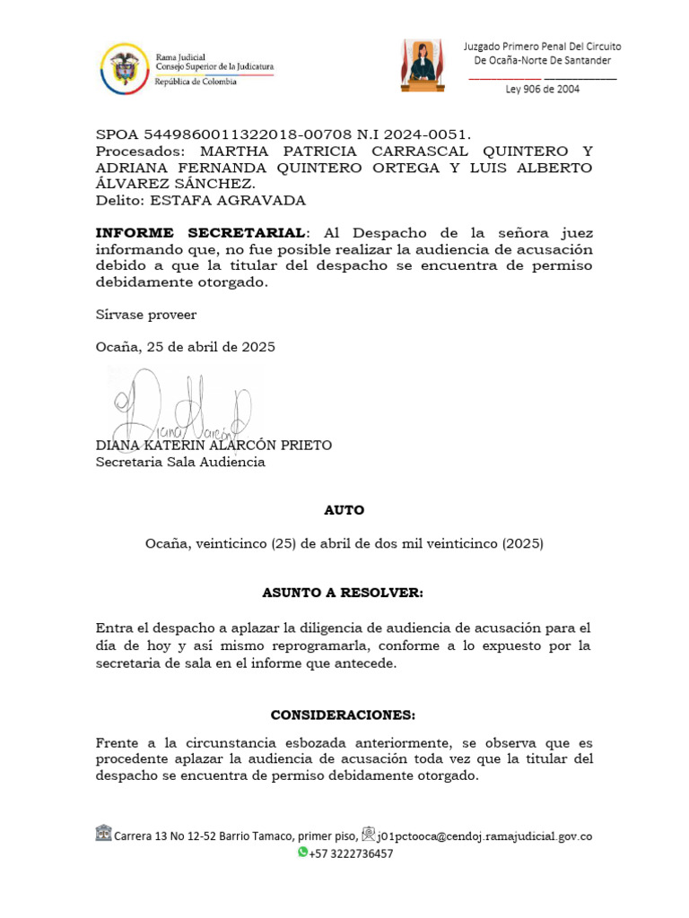 AUTO FIJANDO AUDIENCIA N.I. 2024-0051 | PDF | Justicia | Crimen y violencia