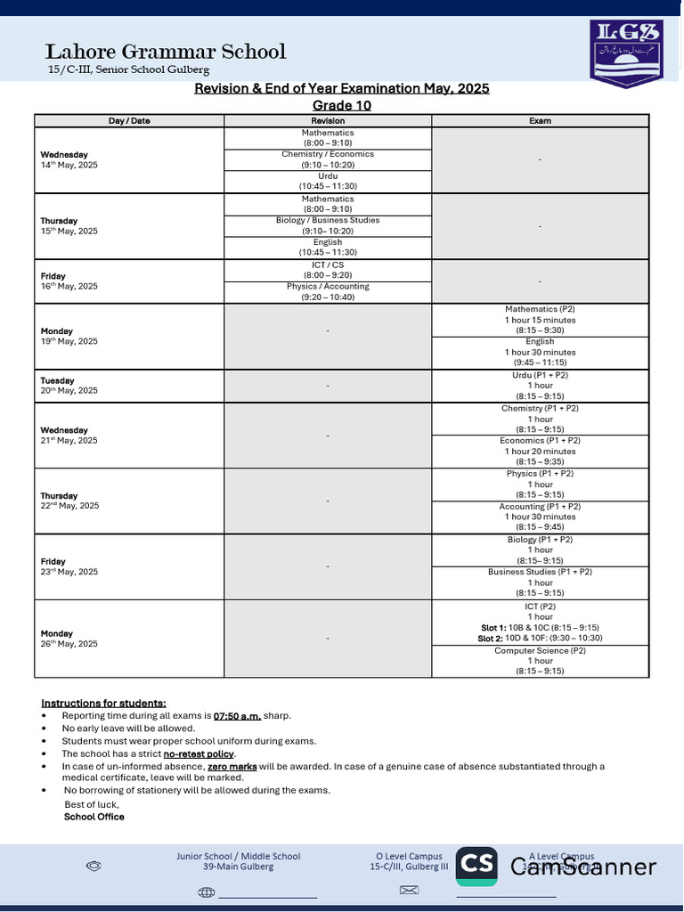 Grade 10 Exam Timetable 2025 | PDF | Educational Stages