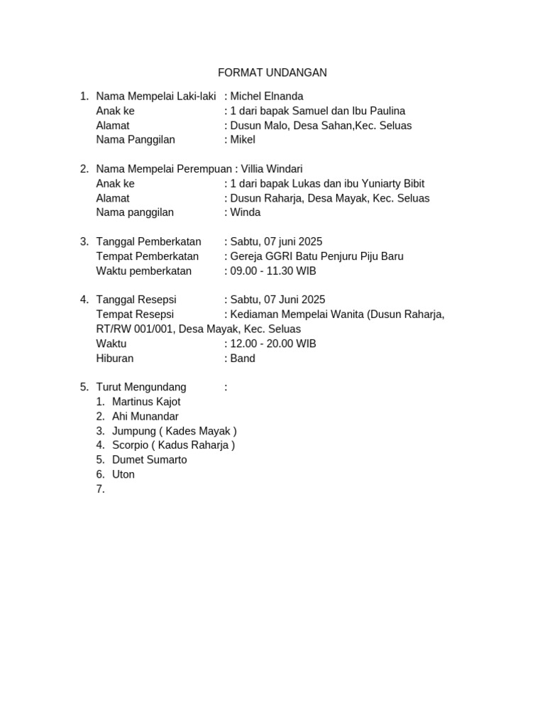 Format Undangan Mikel & Winda | PDF