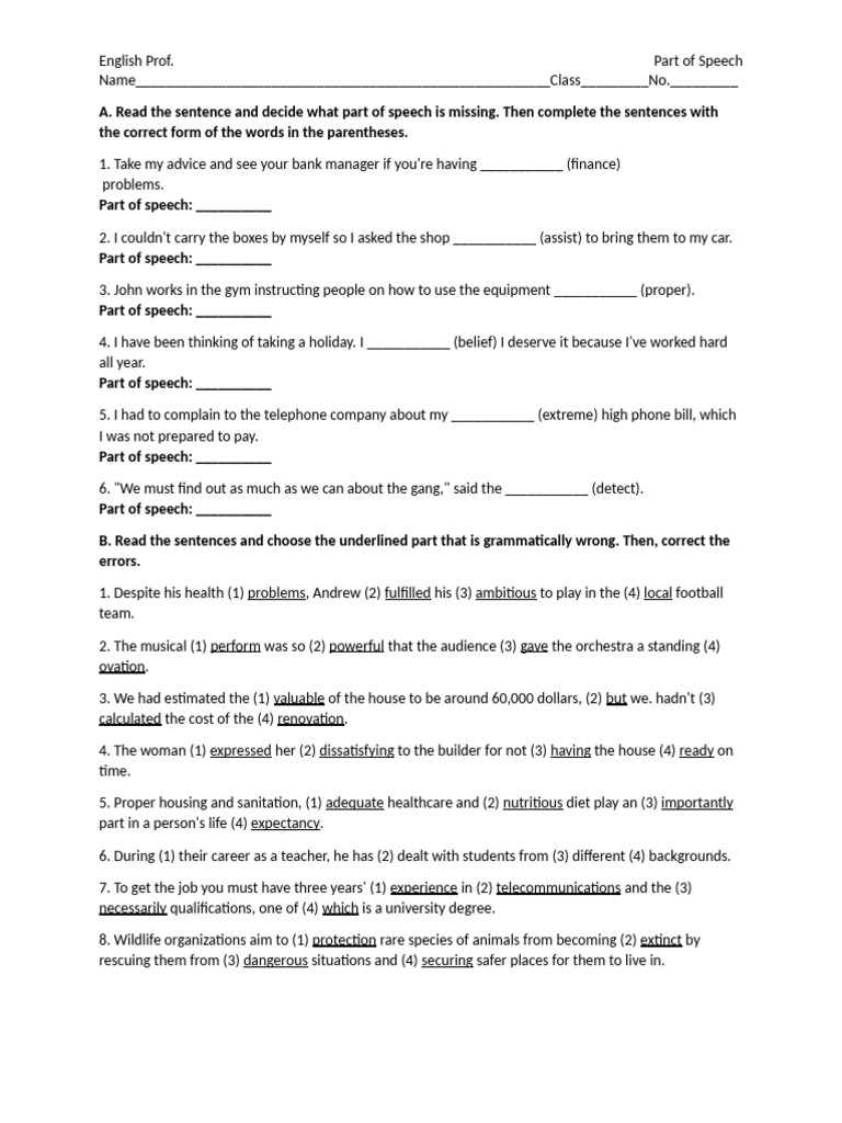 Parts of Speech and Grammar Exercises | PDF | Verb | Adjective