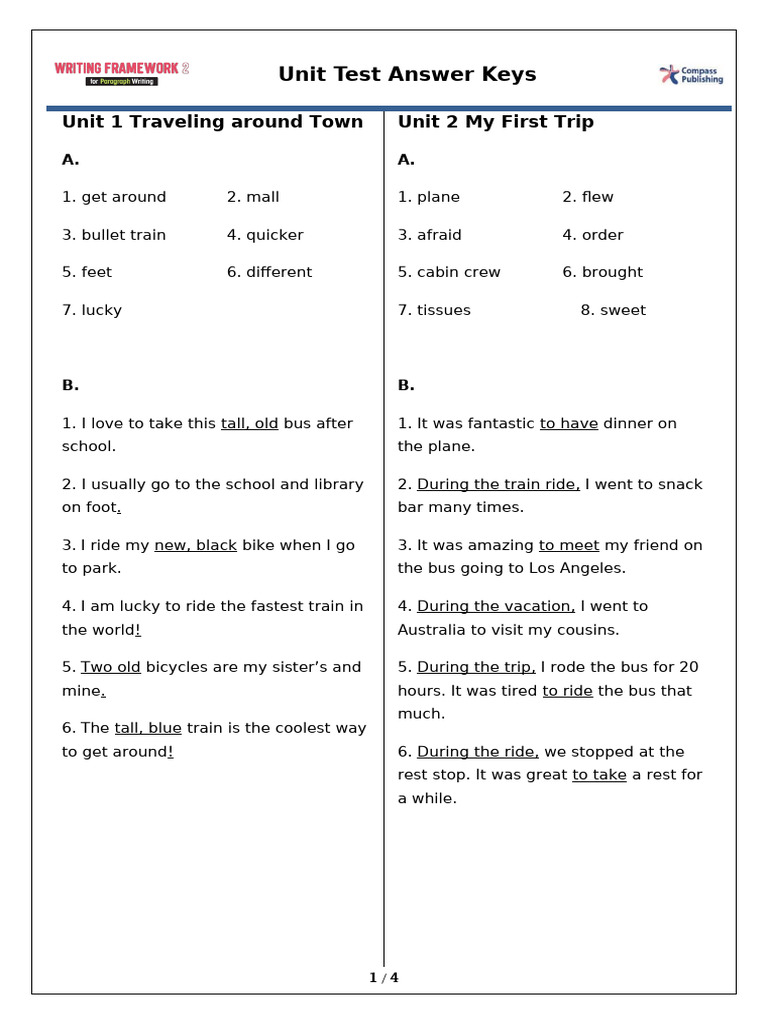Writing Framework for Paragraph Writing 2_Unit Test_Answer Key | PDF