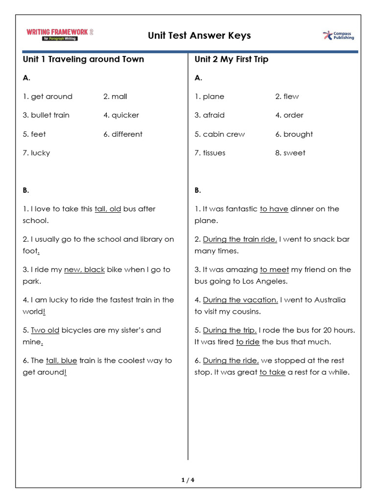 Writing Framework For Paragraph Writing 2 - Unit Test - Answer Key | PDF