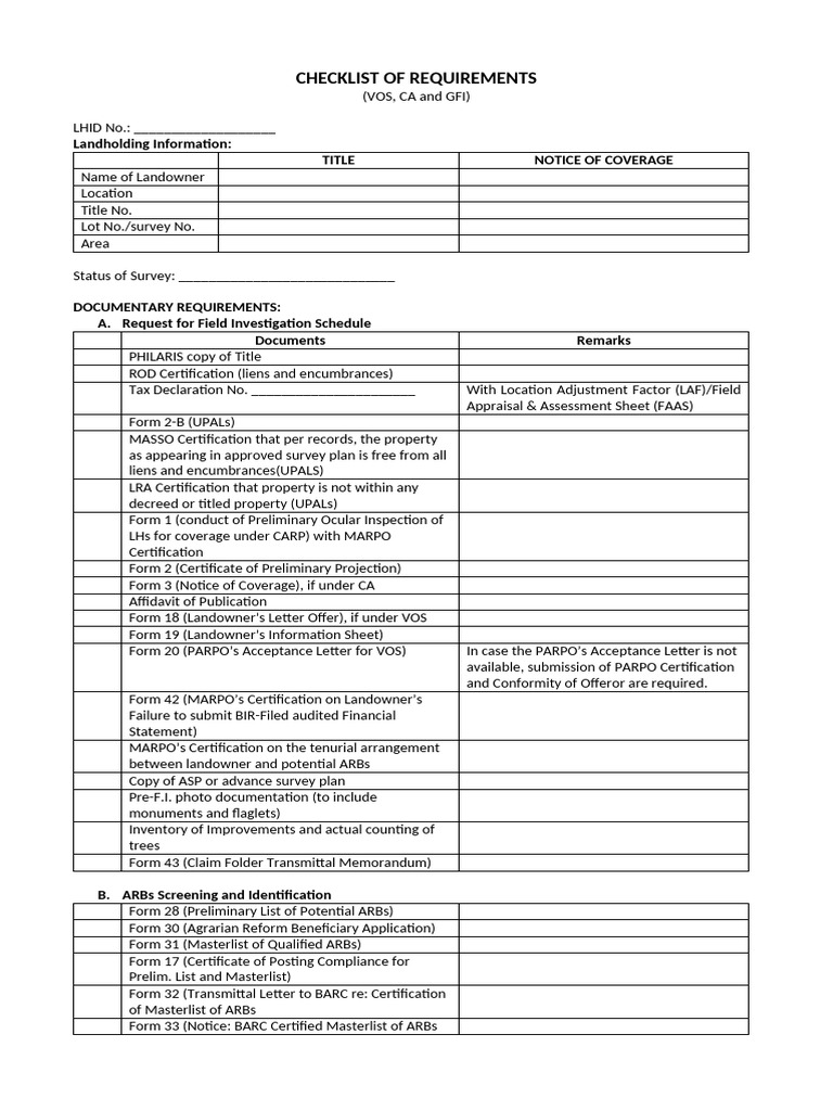04 CHECKLIST OF REQUIREMENTS VOS CA GFI Ver1.3 | PDF | Private Law ...