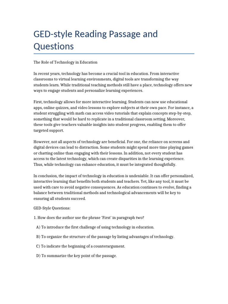 GED Reading Passage Questions | PDF | Learning | Educational Technology