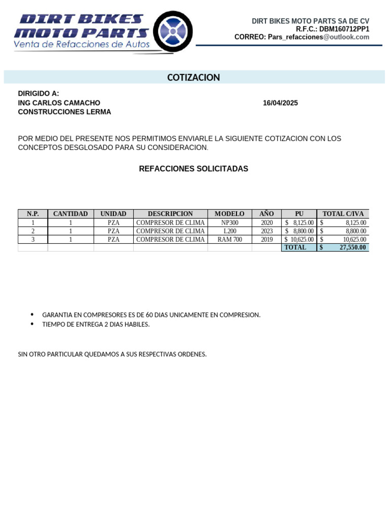 Cot Parts Compresores | PDF