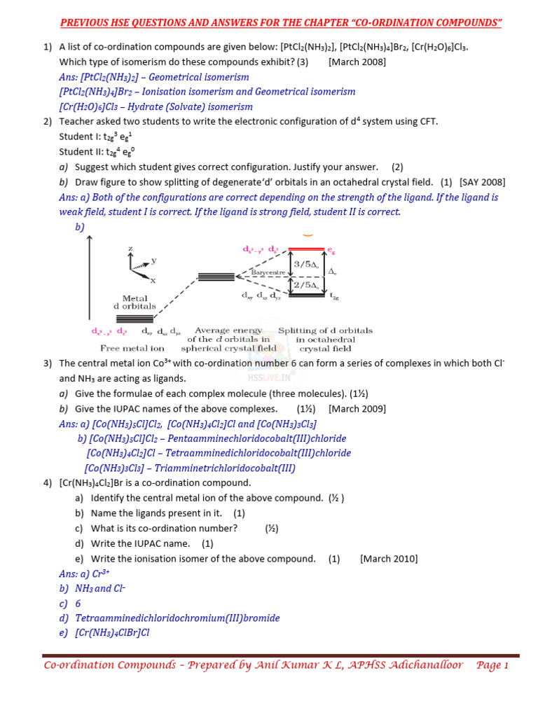 Hsslive-Xii-Chemistry-Qb-Ans-Anil-9. Co-Ordination Compounds | PDF | Coordination Complex | Ligand