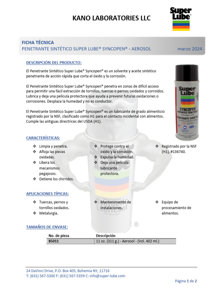 Penetrante Sintético Super Lube® Syncopen® | PDF | Tornillo | Química