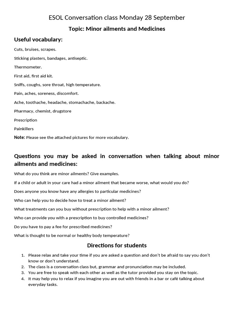 ESOL Conversation Class Thursday 24 September Minor Ailments and ...