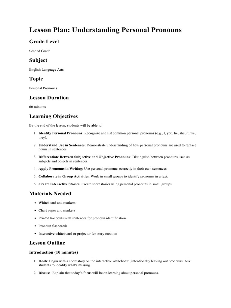 Lesson Plan - Understanding Personal Pronouns | PDF | Pronoun | Subject ...