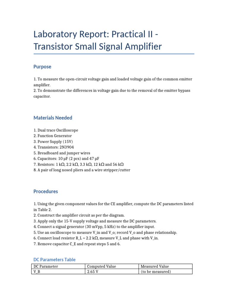 Transistor Amplifier Gain Analysis Report | PDF