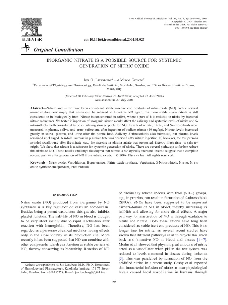 Lundberg 2004, Inorganic Nitrate Is A Possible Source For Systemic ...